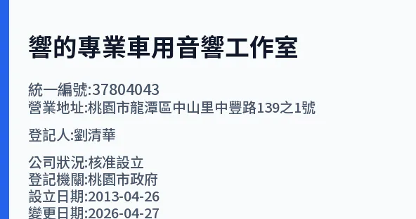 響的專業車用音響工作室的照片-統編 37804043(桃園市) 公司登記資料與營業項目詳細圖表