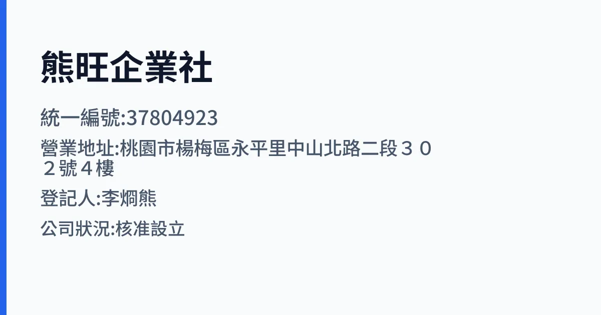 熊旺企業社 - 統編 37804923(桃園市) 公司登記資料與營業項目詳細圖表