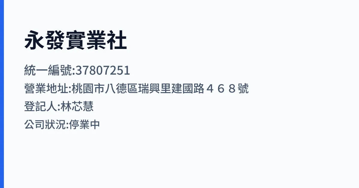 永發實業社 - 統編 37807251(桃園市) 公司登記資料與營業項目詳細圖表