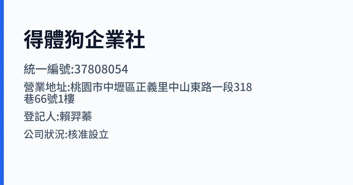 得體狗企業社 - 統編 37808054(桃園市) 公司登記資料與營業項目詳細圖表