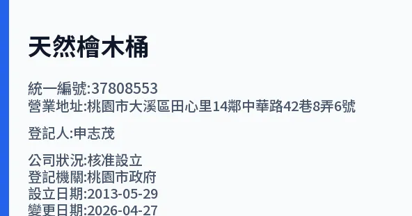 天然檜木桶的照片-統編 37808553(桃園市) 公司登記資料與營業項目詳細圖表