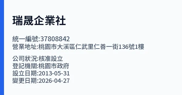 瑞晟企業社的照片-統編 37808842(桃園市) 公司登記資料與營業項目詳細圖表