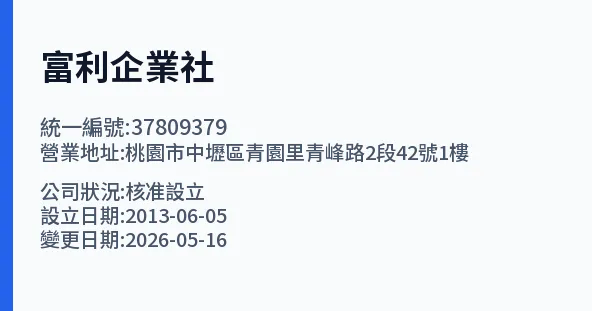 富利企業社的照片-統編 37809379(桃園市) 公司登記資料與營業項目詳細圖表