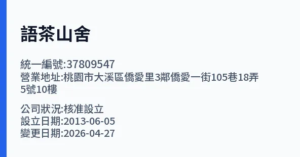 語茶山舍的照片-統編 37809547(桃園市) 公司登記資料與營業項目詳細圖表