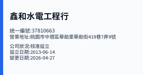 鑫和水電工程行的照片-統編 37810663(桃園市) 公司登記資料與營業項目詳細圖表