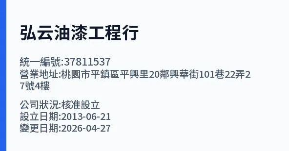 弘云油漆工程行的照片-統編 37811537(桃園市) 公司登記資料與營業項目詳細圖表