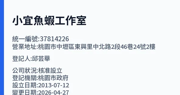 小宜魚蝦工作室的照片-統編 37814226(桃園市) 公司登記資料與營業項目詳細圖表
