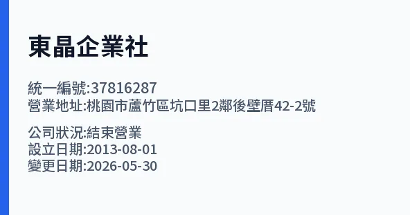 東晶企業社的照片-統編 37816287(桃園市) 公司登記資料與營業項目詳細圖表