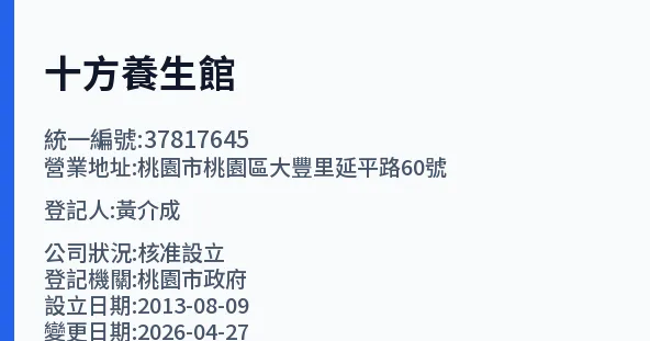 十方養生館的照片-統編 37817645(桃園市) 公司登記資料與營業項目詳細圖表