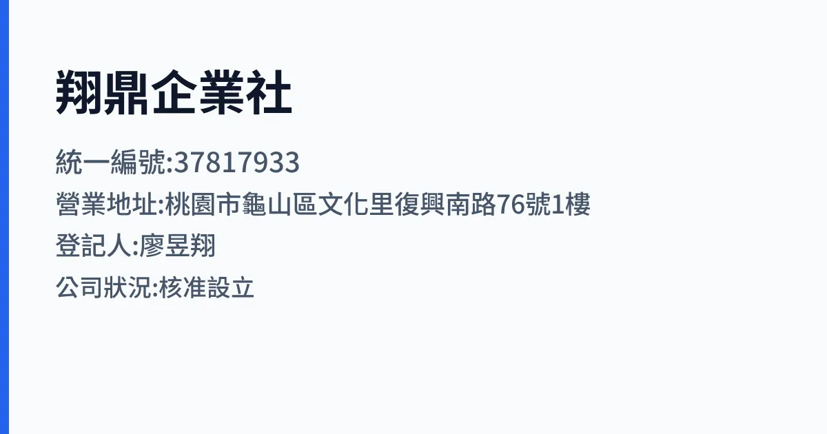 翔鼎企業社 - 統編 37817933(桃園市) 公司登記資料與營業項目詳細圖表