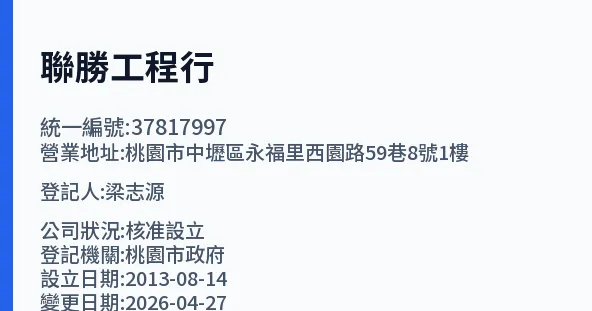 聯勝工程行的照片-統編 37817997(桃園市) 公司登記資料與營業項目詳細圖表