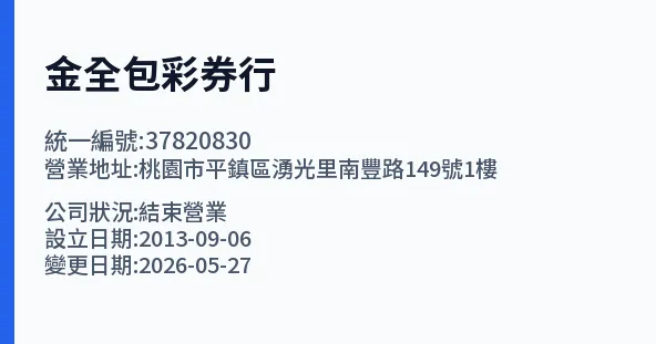 金全包彩券行的照片-統編 37820830(桃園市) 公司登記資料與營業項目詳細圖表