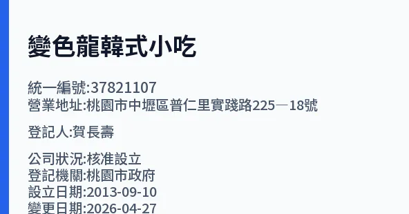 變色龍韓式小吃的照片-統編 37821107(桃園市) 公司登記資料與營業項目詳細圖表