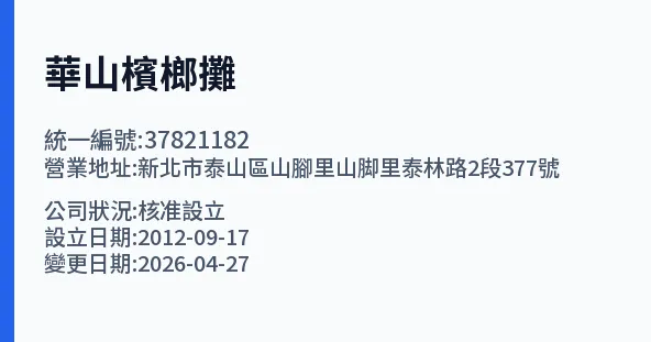 華山檳榔攤的照片-統編 37821182(新北市) 公司登記資料與營業項目詳細圖表