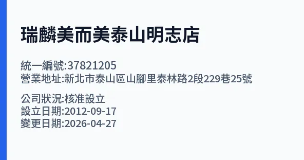 瑞麟美而美泰山明志店的照片-統編 37821205(新北市) 公司登記資料與營業項目詳細圖表