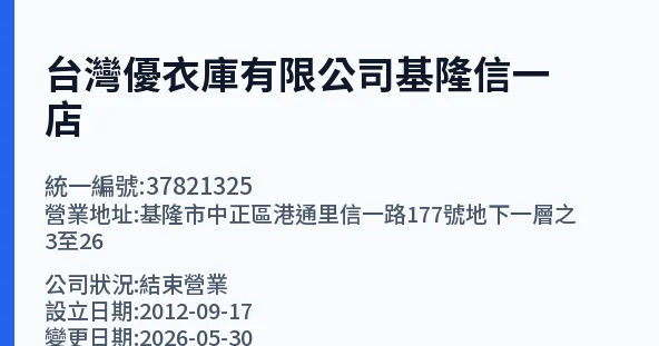 台灣優衣庫有限公司基隆信一店的照片-統編 37821325(基隆市) 公司登記資料與營業項目詳細圖表