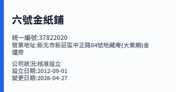 六號金紙鋪的照片-統編 37822020(新北市) 公司登記資料與營業項目詳細圖表