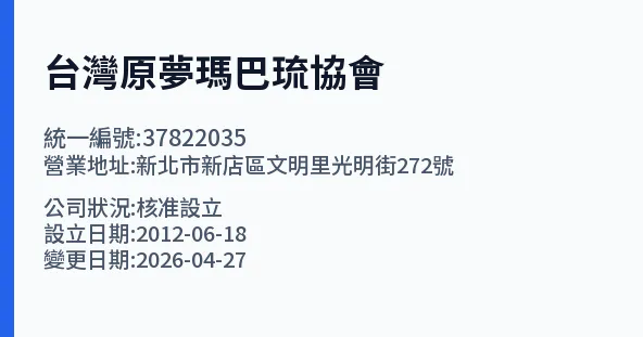 台灣原夢瑪巴琉協會的照片-統編 37822035(新北市) 公司登記資料與營業項目詳細圖表