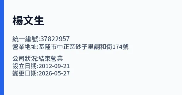 楊文生的照片-統編 37822957(基隆市) 公司登記資料與營業項目詳細圖表