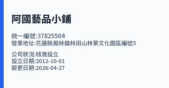 阿國藝品小鋪的照片-統編 37825504(花蓮縣) 公司登記資料與營業項目詳細圖表