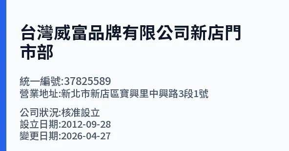 台灣威富品牌有限公司新店門市部的照片-統編 37825589(新北市) 公司登記資料與營業項目詳細圖表