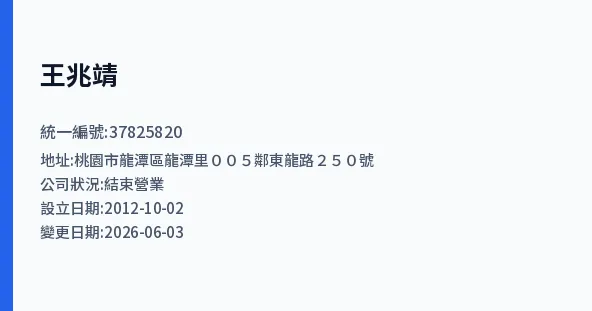 王兆靖的照片-統編 37825820(桃園市) 公司登記資料與營業項目詳細圖表