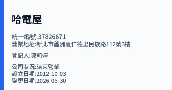 哈電屋的照片-統編 37826671(新北市) 公司登記資料與營業項目詳細圖表