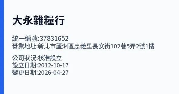 大永雜糧行的照片-統編 37831652(新北市) 公司登記資料與營業項目詳細圖表