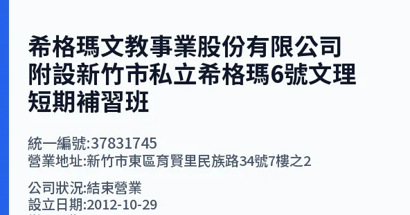 希格瑪文教事業股份有限公司附設新竹市私立希格瑪6號文理短期補習班的照片-統編 37831745(新竹市) 公司登記資料與營業項目詳細圖表
