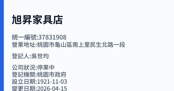 旭昇家具店的照片-統編 37831908(桃園市) 公司登記資料與營業項目詳細圖表