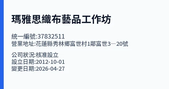 瑪雅思織布藝品工作坊的照片-統編 37832511(花蓮縣) 公司登記資料與營業項目詳細圖表