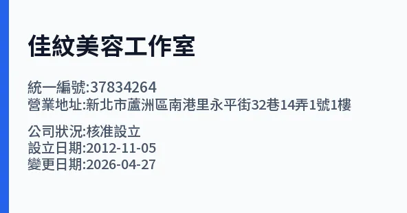 佳紋美容工作室的照片-統編 37834264(新北市) 公司登記資料與營業項目詳細圖表