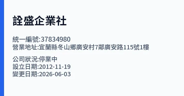 詮盛企業社的照片-統編 37834980(宜蘭縣) 公司登記資料與營業項目詳細圖表