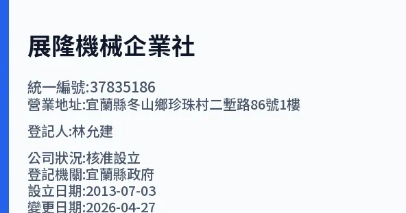 展隆機械企業社的照片-統編 37835186(宜蘭縣) 公司登記資料與營業項目詳細圖表