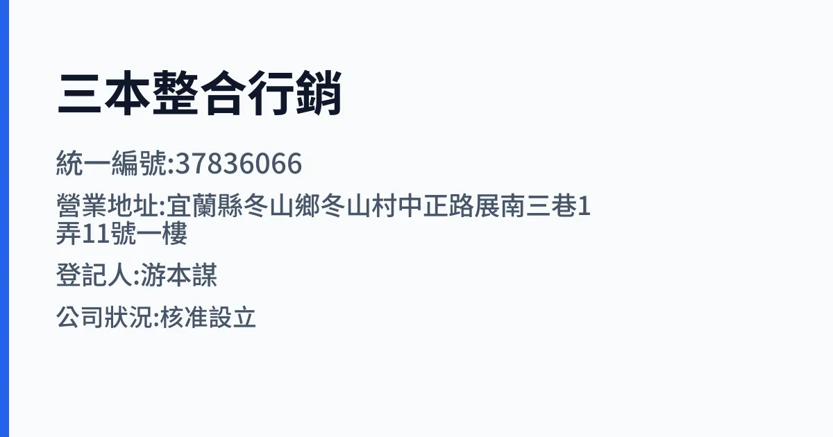 三本整合行銷 - 統編 37836066(宜蘭縣) 公司登記資料與營業項目詳細圖表
