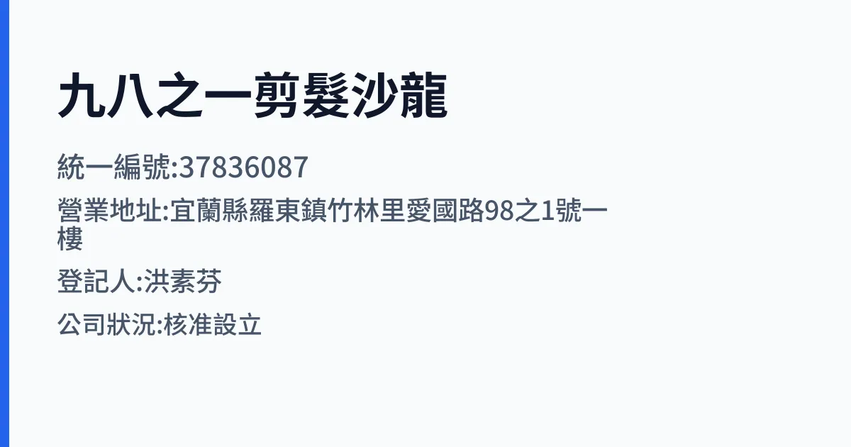 九八之一剪髮沙龍 - 統編 37836087(宜蘭縣) 公司登記資料與營業項目詳細圖表