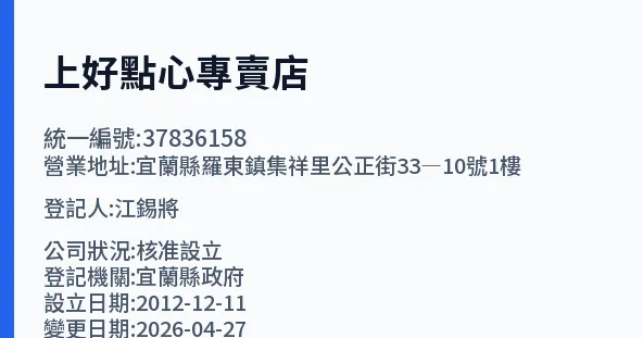上好點心專賣店的照片-統編 37836158(宜蘭縣) 公司登記資料與營業項目詳細圖表