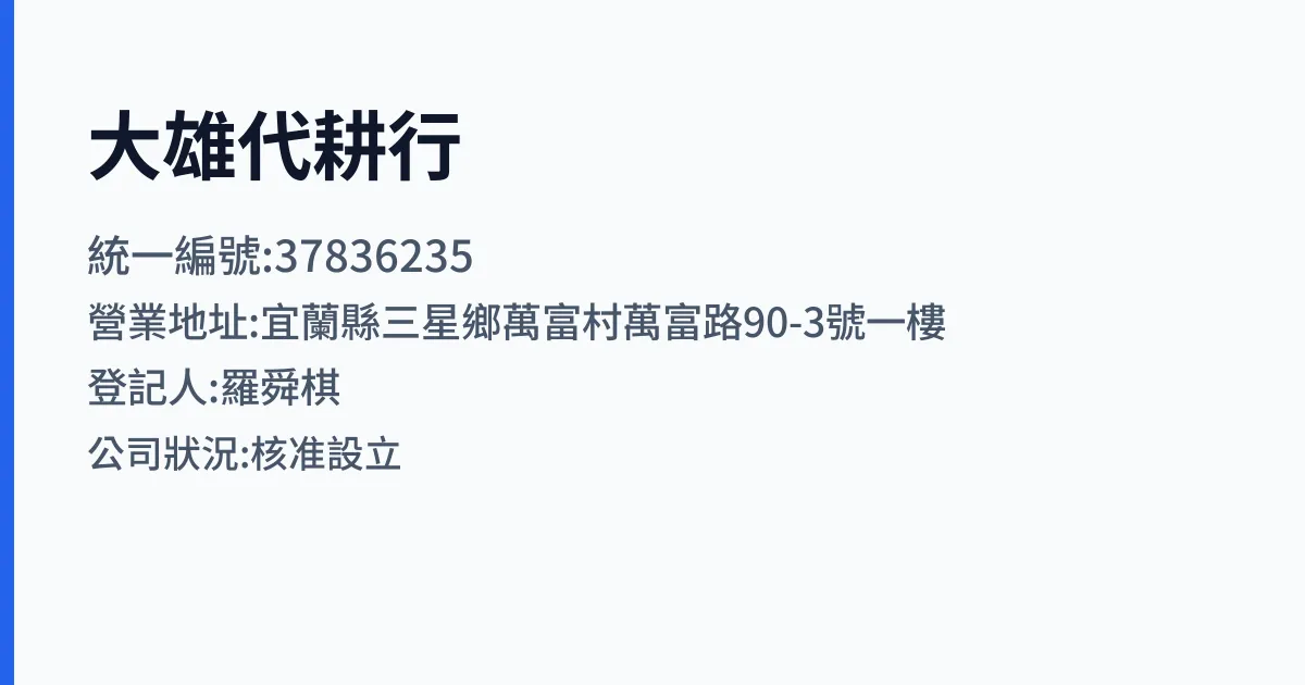 大雄代耕行 - 統編 37836235(宜蘭縣) 公司登記資料與營業項目詳細圖表