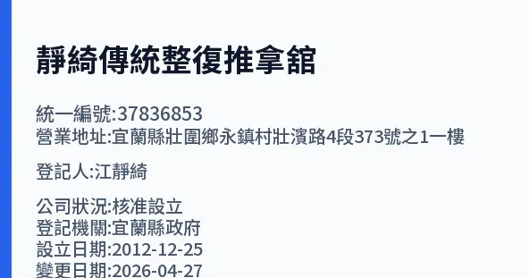 靜綺傳統整復推拿舘的照片-統編 37836853(宜蘭縣) 公司登記資料與營業項目詳細圖表