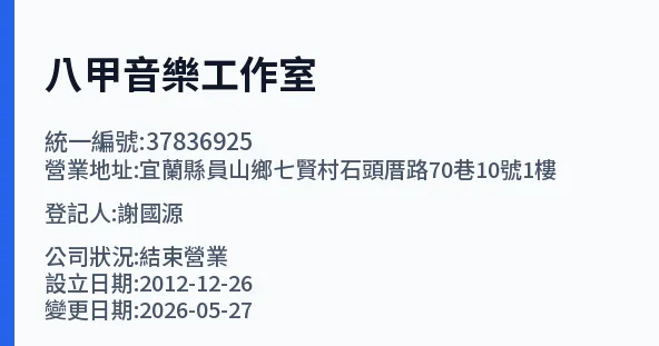 八甲音樂工作室的照片-統編 37836925(宜蘭縣) 公司登記資料與營業項目詳細圖表