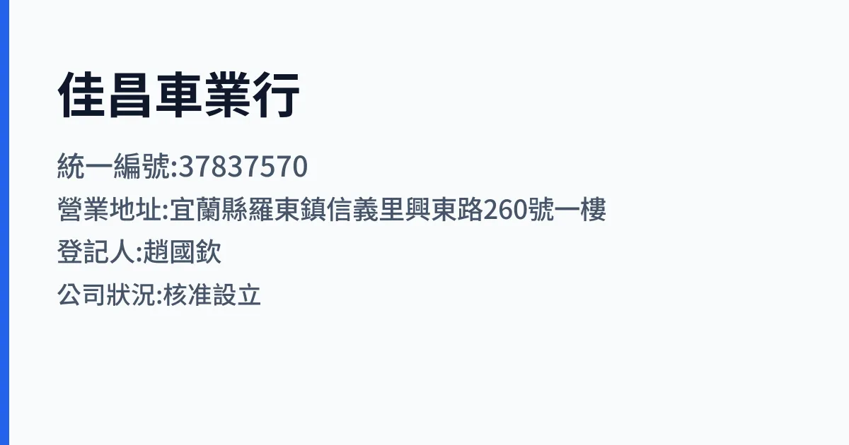 佳昌車業行 - 統編 37837570(宜蘭縣) 公司登記資料與營業項目詳細圖表