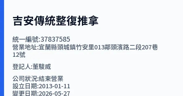 吉安傳統整復推拿的照片-統編 37837585(宜蘭縣) 公司登記資料與營業項目詳細圖表