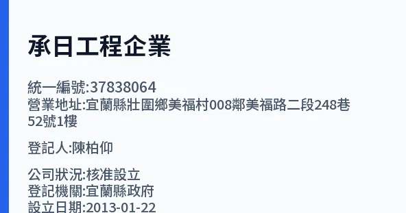 承日工程企業的照片-統編 37838064(宜蘭縣) 公司登記資料與營業項目詳細圖表