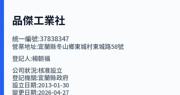 品傑工業社的照片-統編 37838347(宜蘭縣) 公司登記資料與營業項目詳細圖表