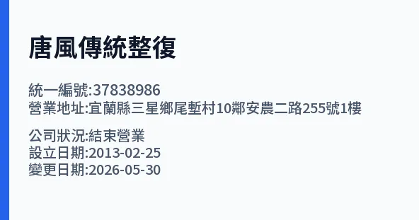 唐風傳統整復的照片-統編 37838986(宜蘭縣) 公司登記資料與營業項目詳細圖表