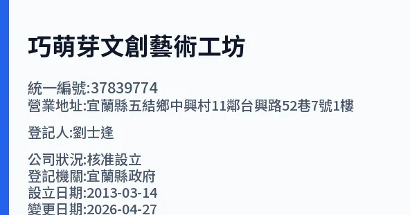 巧萌芽文創藝術工坊的照片-統編 37839774(宜蘭縣) 公司登記資料與營業項目詳細圖表