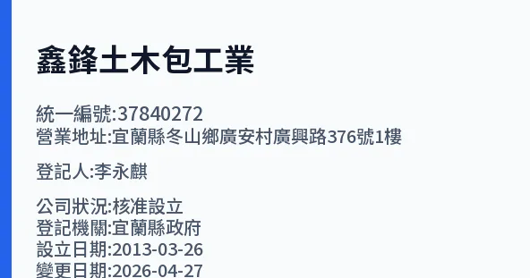 鑫鋒土木包工業的照片-統編 37840272(宜蘭縣) 公司登記資料與營業項目詳細圖表