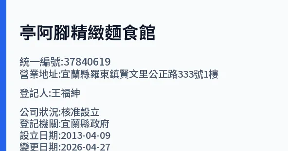 亭阿腳精緻麵食館的照片-統編 37840619(宜蘭縣) 公司登記資料與營業項目詳細圖表