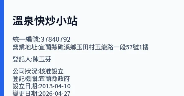 溫泉快炒小站的照片-統編 37840792(宜蘭縣) 公司登記資料與營業項目詳細圖表