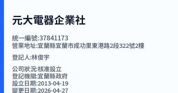 元大電器企業社的照片-統編 37841173(宜蘭縣) 公司登記資料與營業項目詳細圖表